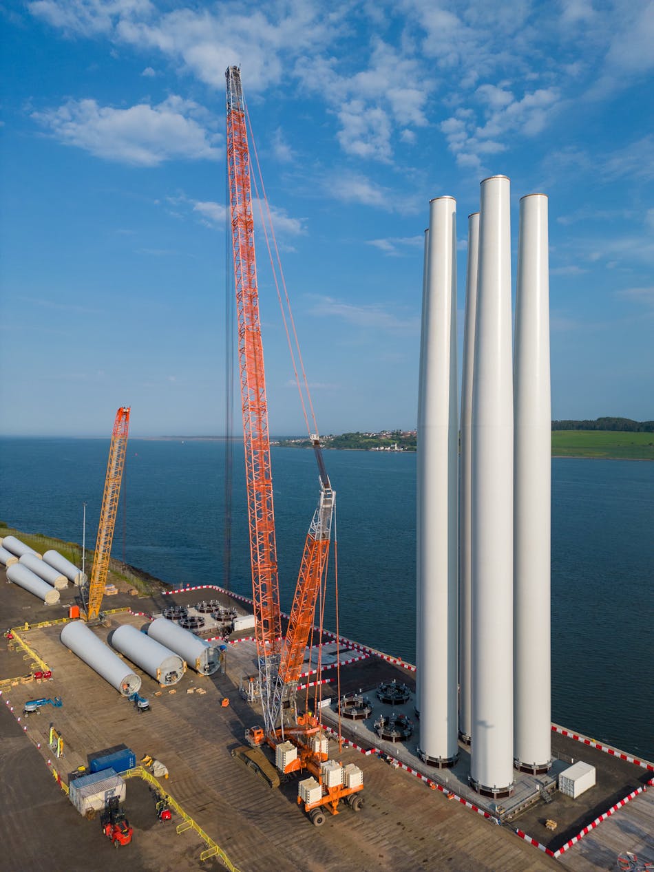 Wind turbine tower preassembly underway for NnG wind development | Offshore